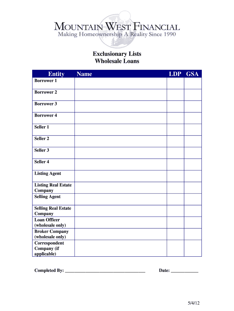 Fillable Online Exclusionary List Wholesale - portalmwfinccom Fax Email ...