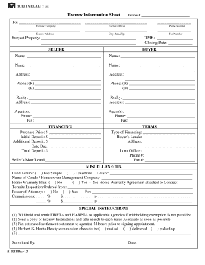 Fillable Online Escrow Information Sheet - Horita Realty Fax Email ...