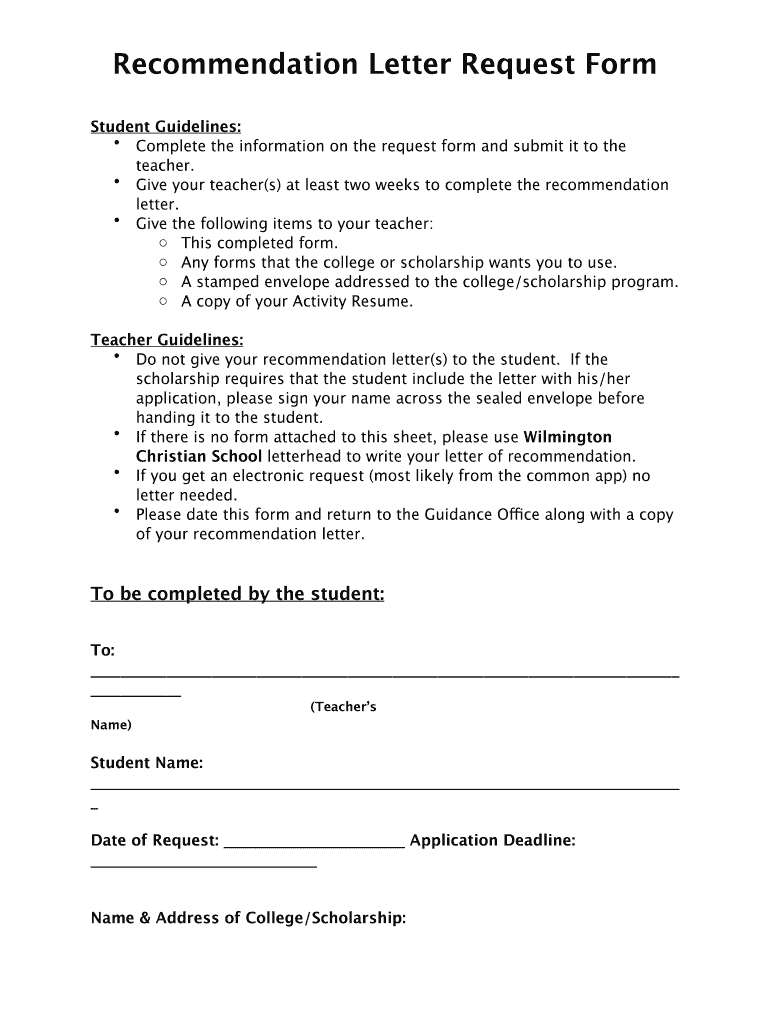 Fillable Online Recommendation letter request form b2015b Fax Email ...