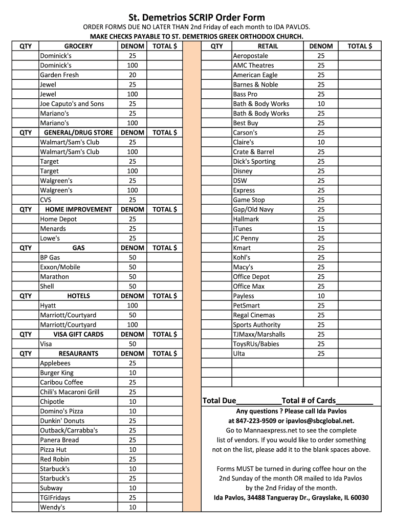 Fillable Online St Demetrios SCRIP Order Form Fax Email Print - pdfFiller