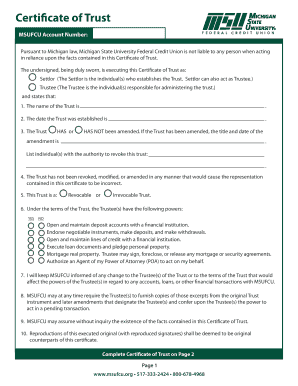 Fillable Online Certificate of Trust - Michigan State University ...