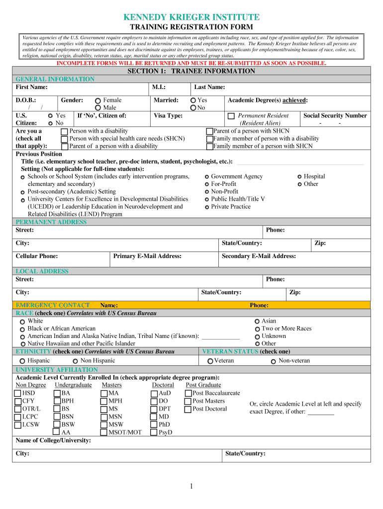 Fillable Online Training Registration - Kennedy Krieger Institute Fax ...
