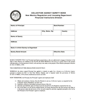 Fillable Online rld state nm COLLECTION AGENCY SURETY BOND New Mexico ...