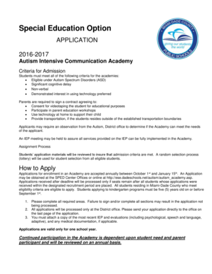 Fillable Online Special Education Option APPLICATION 20162017 Autism ...