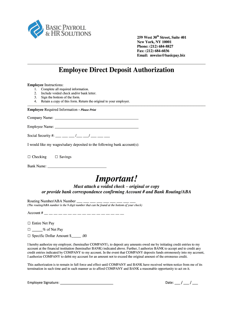 Fillable Online Employee Direct Deposit Authorization - Basic Pay LLC ...