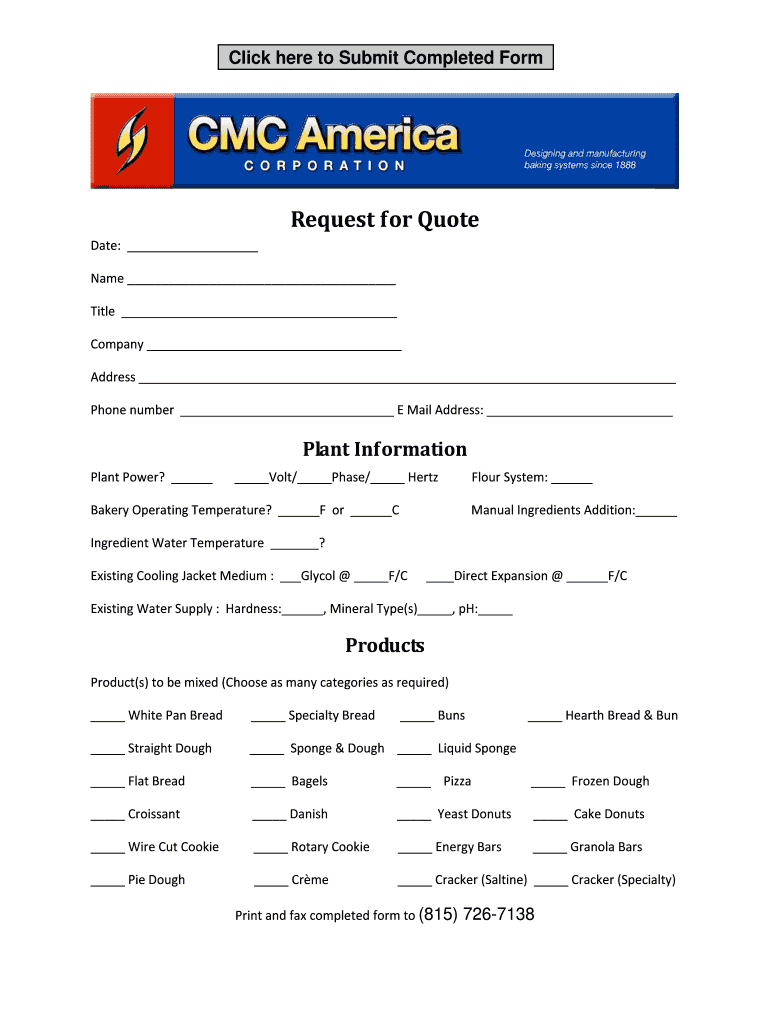 Fillable Online Request for Quote - Cmc America Corporation Fax Email ...