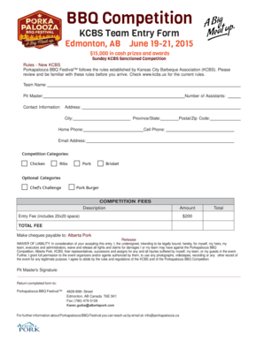 Fillable Online porkapalooza BBQ Competition KCBS Team Entry Form ...
