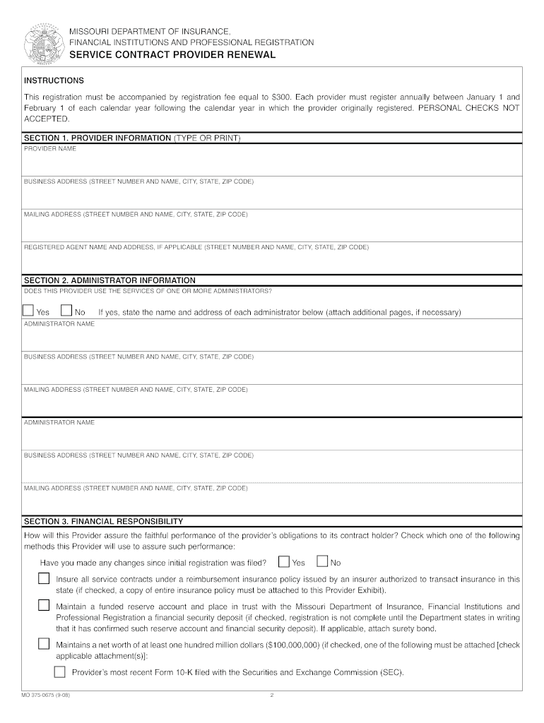 Fillable Online insurance mo Instructions for Service Contract Provider ...