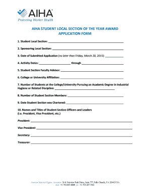 Fillable Online aiha AIHA STUDENT LOCAL SECTION OF THE YEAR AWARD ...