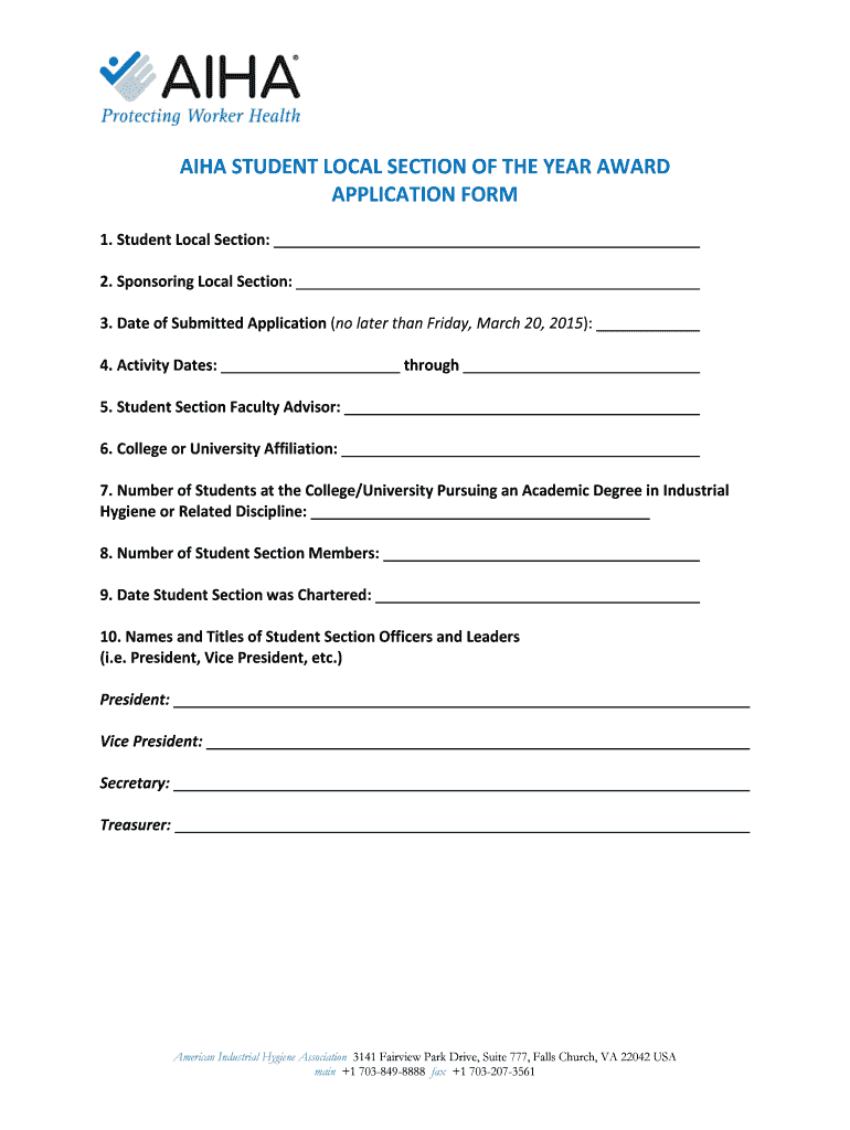 Fillable Online aiha AIHA STUDENT LOCAL SECTION OF THE YEAR AWARD APPLICATION FORM Fax Email ...