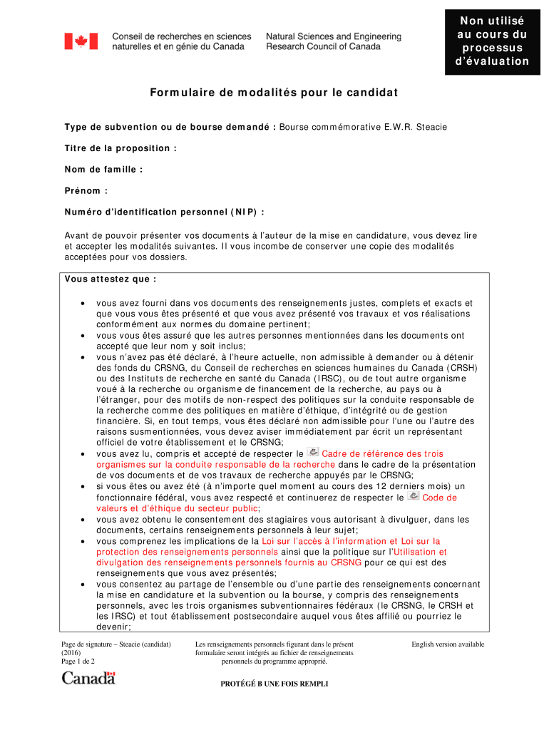 Remplissable En Ligne nserc-crsng gc Formulaire de modalits pour le candidat Fax Email Imprimer ...