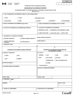 Fillable Online DANGEROUS OCCURRENCE REPORT - Transport Canada Fax ...