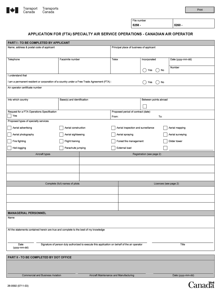Fillable Online APPLICATION FOR FTA SPECIALTY AIR SERVICE OPERATIONS ...