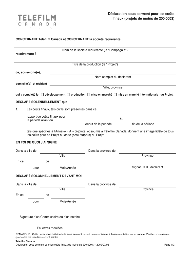 Remplissable En Ligne Dclaration sous serment pour les cots finaux ...