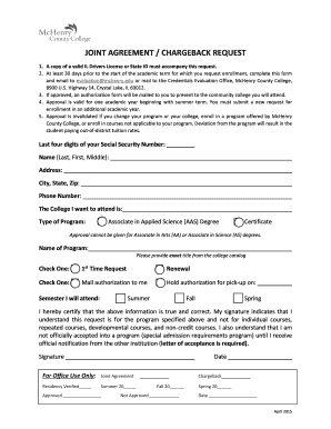 Fillable Online mchenry Joint Agreement Chargeback Request Joint ...