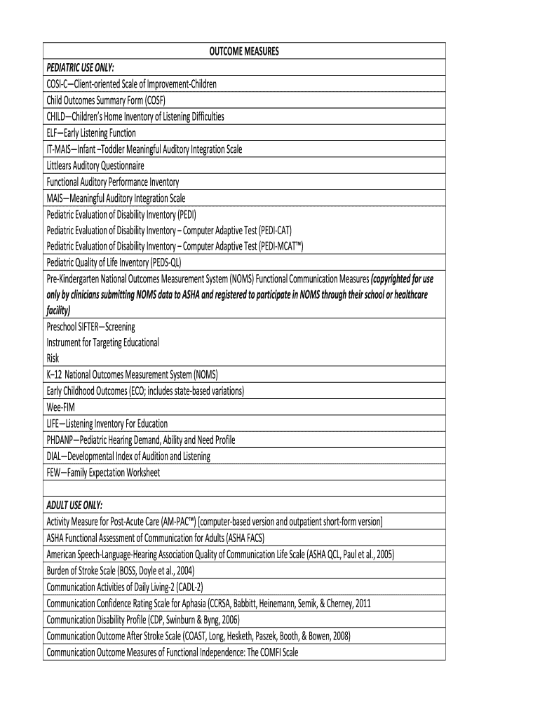 Fillable Online OUTCOME MEASURES PEDIATRIC USE ONLY Fax Email Print ...