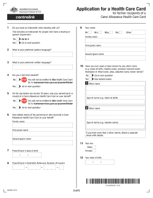 Fillable Online humanservices gov Application for a Health Care Card ...