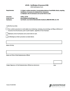 Fillable Online LCS 5 Certificates of Insurance COI - PennPRIME Fax ...
