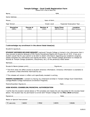 Fillable Online templejc Temple College Dual Credit Registration bFormb ...