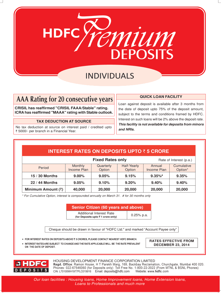 Fillable Online HDFC Premium Deposits for Individuals Fax Email Print - pdfFiller