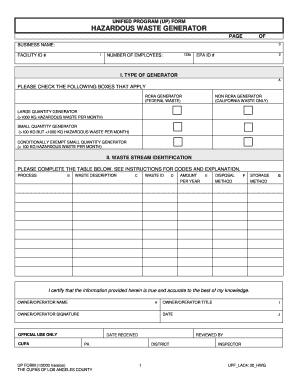Fillable Online Hazardous Waste Generator Page Unified Program UP Form ...