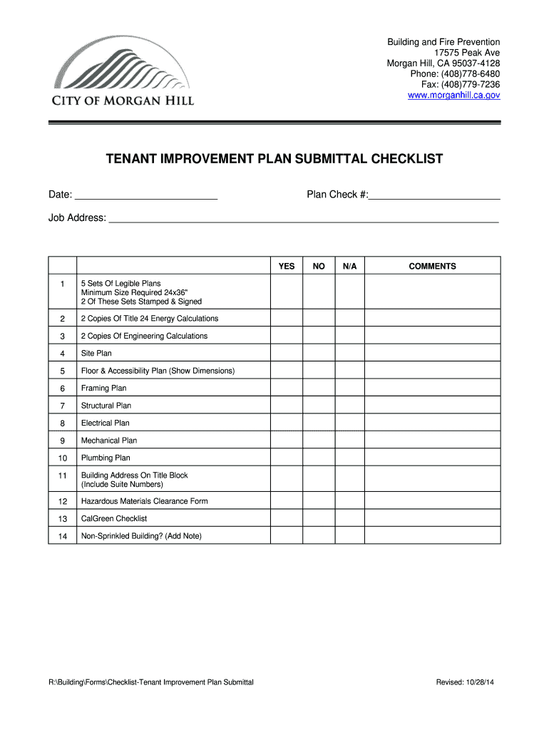 Fillable Online TENANT IMPROVEMENT PLAN SUBMITTAL CHECKLIST Fax Email Print - pdfFiller