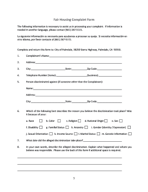 Fillable Online cityofpalmdale Fair Housing Complaint Form ...