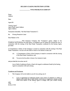 Fillable Online insurance mo SELLERS CLOSING PROTECTION LETTER Fax ...