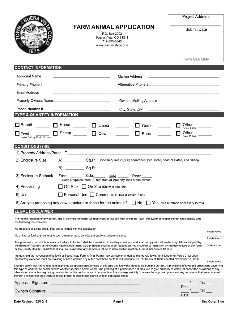 Fillable Online buenavistaco FARM ANIMAL APPLICATION - buenavistacogov ...