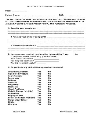 Fillable Online INITIAL EVALUATION SUBJECTIVE REPORT Fax Email Print ...