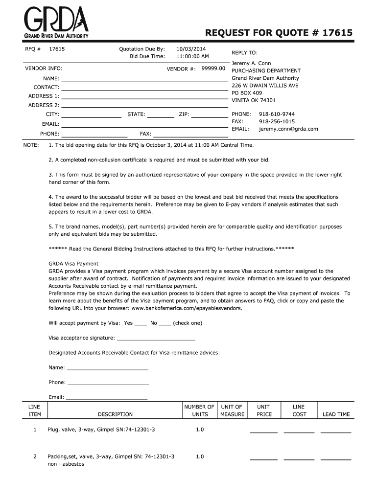 Fillable Online REQUEST FOR QUOTE # 17615 RFQ # 17615 Quotation Due By ...