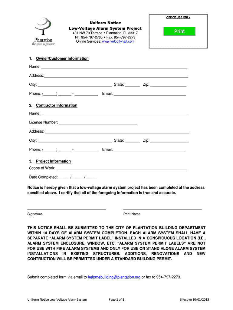 Fillable Online plantation Uniform Notice Low-Voltage Alarm System ...