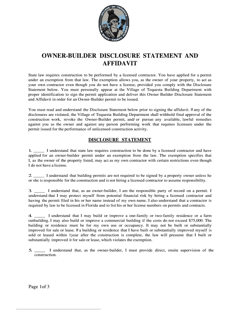 Fillable Online OWNER-BUILDER DISCLOSURE STATEMENT AND AFFIDAVIT Fax ...