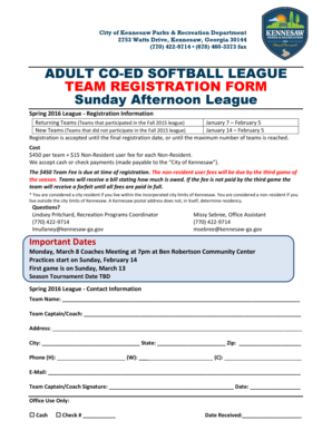 Fillable Online kennesaw adult co ed softball application form Fax ...