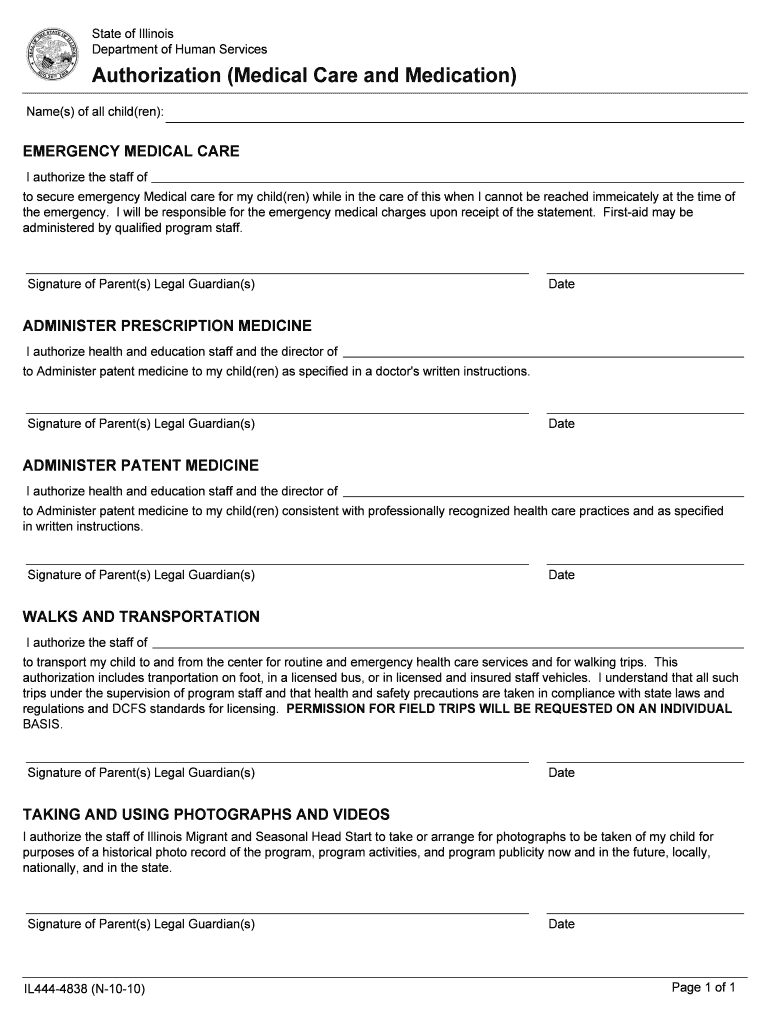 Fillable Online dhs state il Authorization (Medical Care and Medication ...
