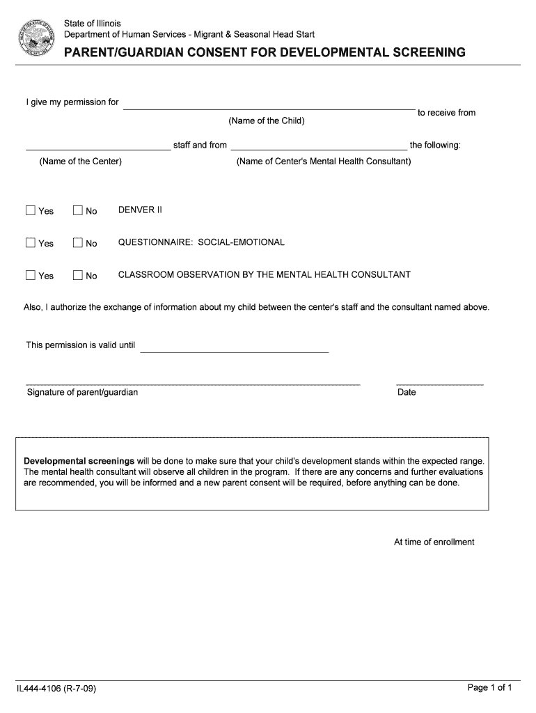 Fillable Online dhs state il PARENTGUARDIAN CONSENT FOR DEVELOPMENTAL SCREENING Fax Email Print ...