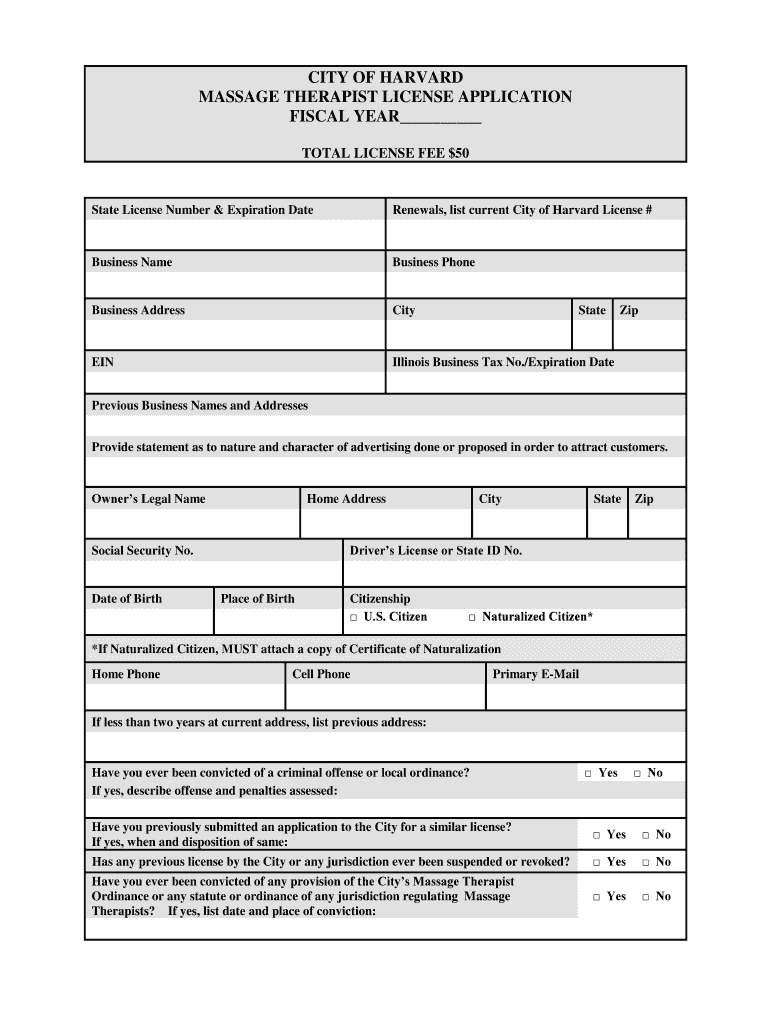 City of Harvard Massage Therapist License Application - Blank Fillable ...