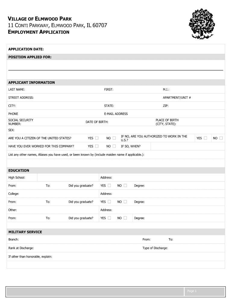 Fillable Online elmwoodpark Employment application 2-pp - Village of Elmwood Park Fax Email ...