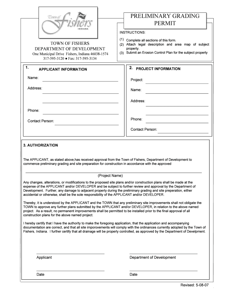 Fillable Online fishers in PRELIMINARY GRADING PERMIT - fishersinus Fax ...