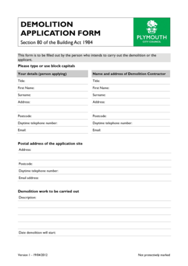 Fillable Online plymouth gov DEMOLITION APPLICATION FORM - Plymouth - plymouth gov Fax Email ...