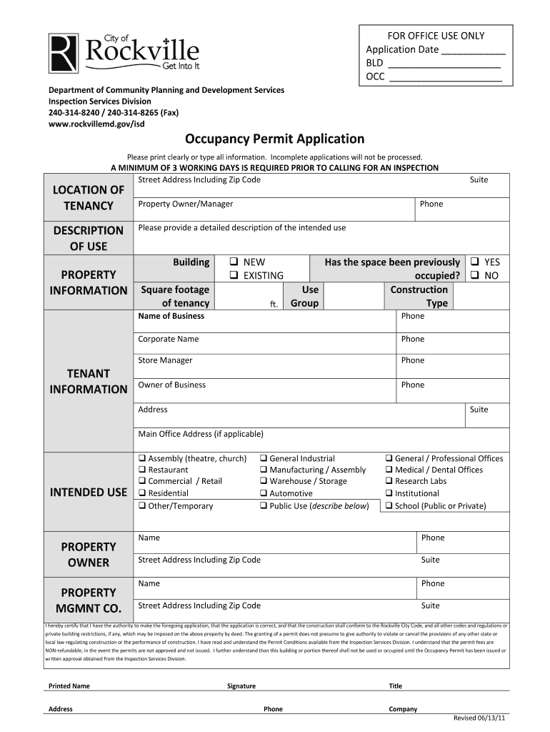 Fillable Online rockvillemd Occupancy Permit Application - Rockville MD ...