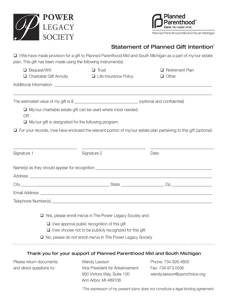 Fillable Online plannedparenthood Statement of Planned Gift Intention ...