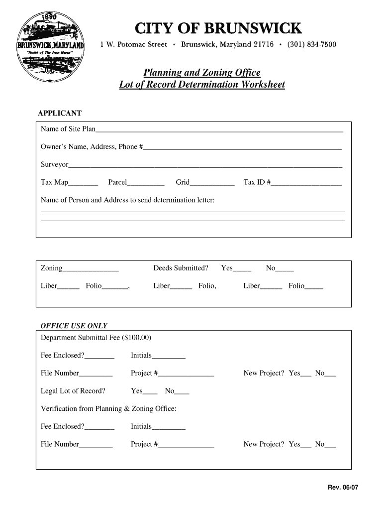 Fillable Online brunswickmd Planning and Zoning Office Lot of Record ...