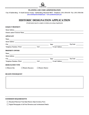 Fillable Online gaithersburgmd HISTORIC DESIGNATION APPLICATION ...