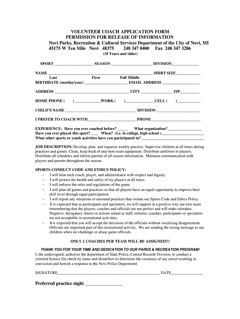 Fillable Online cityofnovi Volunteer Coach Application Form Permission ...