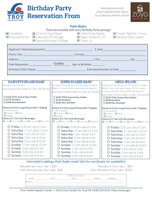 Fillable Online troymi Birthday Party Reservation From for a fabulous ...