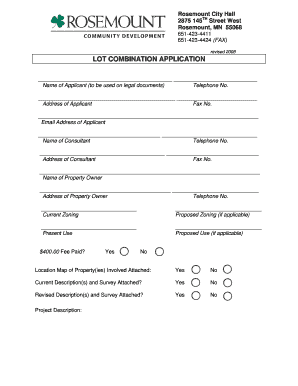 Fillable Online ci rosemount mn Revised 2008 LOT COMBINATION APPLICATION - Rosemount Fax Email ...