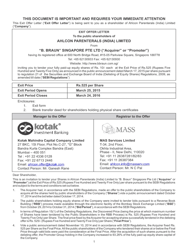 Fillable Online Ahlcon parenterals india limited exit offer form - Mas ...