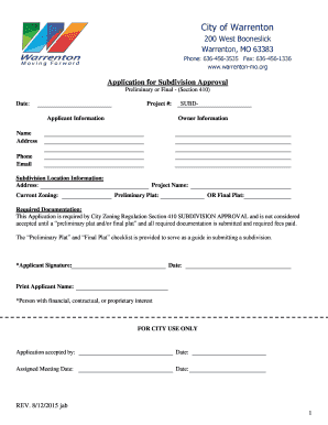 Fillable Online Application for Subdivision Approval Preliminary or Final Fax Email Print ...
