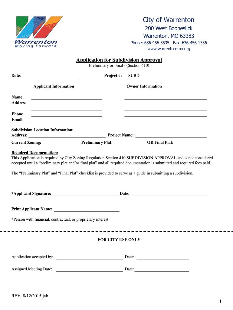 Fillable Online Application for Subdivision Approval Preliminary or ...
